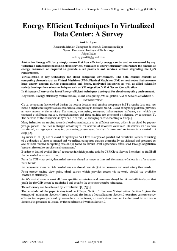 (PDF) Energy Efficient Techniques In Virtualized Data Center: A Survey