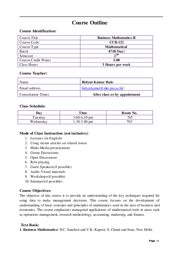 (PDF) Course Outline Business Mathematics