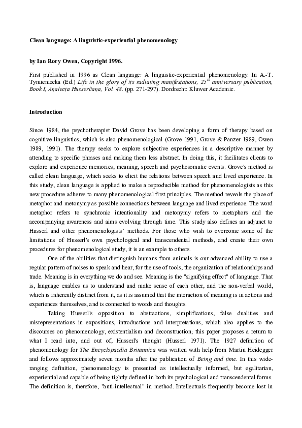 (PDF) Clean language : A linguistic-experiential phenomenology : The ...