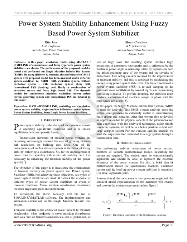 (PDF) Power System Stability Enhancement Using Fuzzy Based Power System Stabilizer