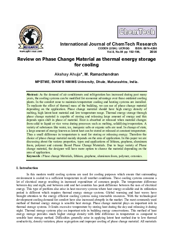 (PDF) Review on Phase Change Material as thermal energy storage for cooling