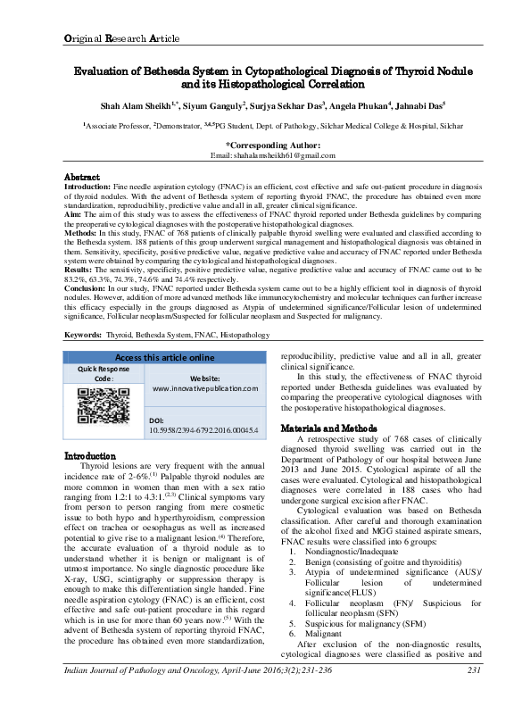 Pdf Evaluation Of Bethesda System For Reporting Thyroid Cytology With Histopathological