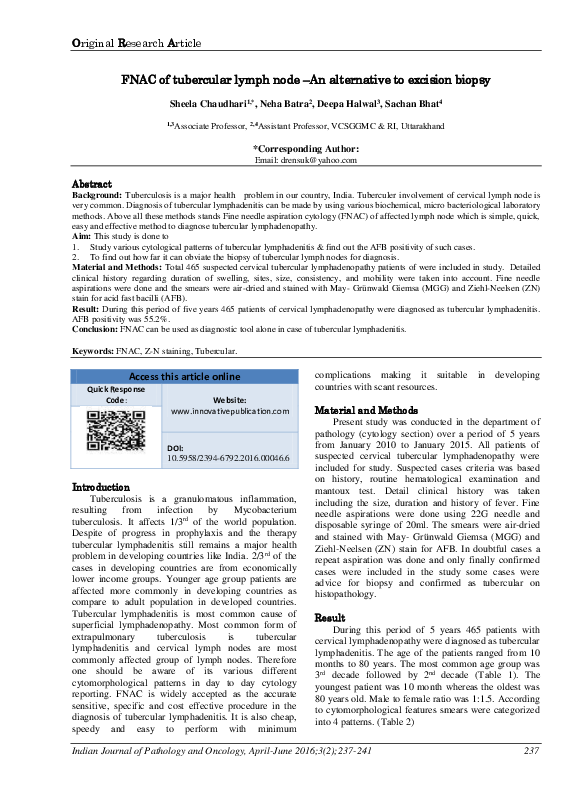 (PDF) FNAC of tubercular lymph node –An alternative to excision biopsy ...