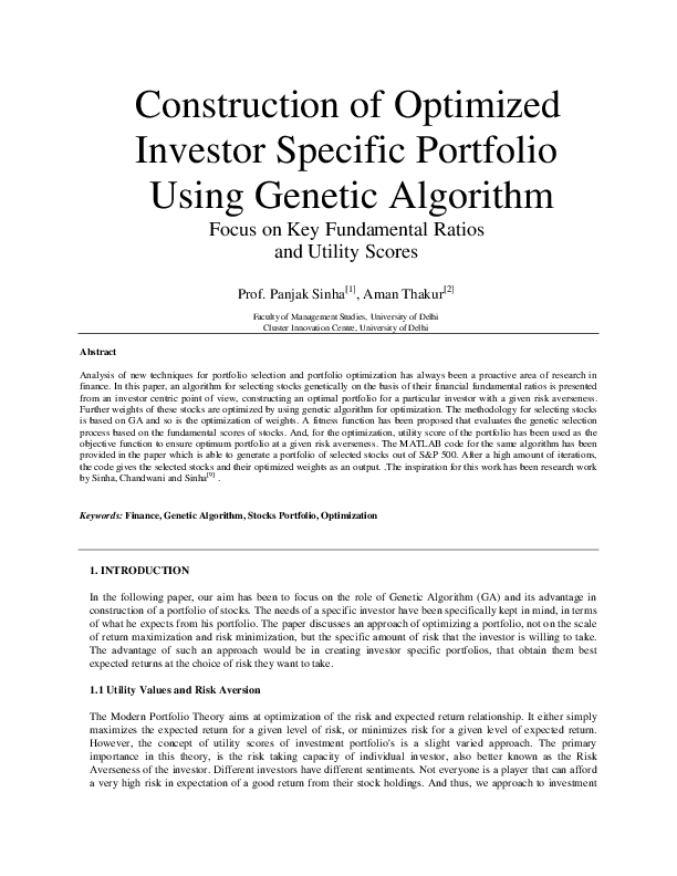 Pdf Construction Of Optimized Investor Specific Portfolio Using Genetic Algorithm