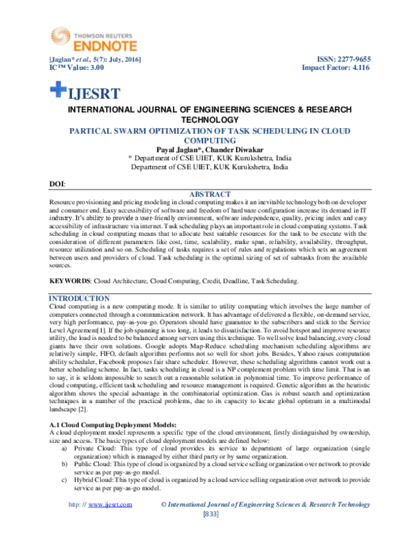 Pdf Partical Swarm Optimization Of Task Scheduling In Cloud Computing