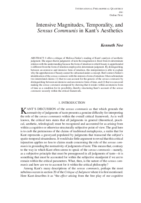 (PDF) INTENSIVE MAGNITUDES, TEMPORALITY, AND SENSUS COMMUNIS IN KANT'S AESTHETICS