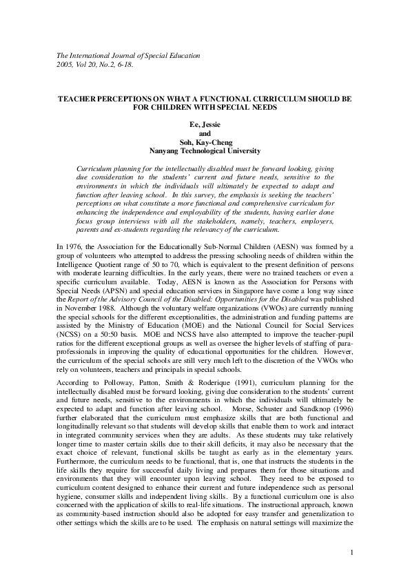(PDF) TEACHER PERCEPTIONS ON WHAT A FUNCTIONAL CURRICULUM SHOULD BE FOR CHILDREN WITH SPECIAL NEEDS