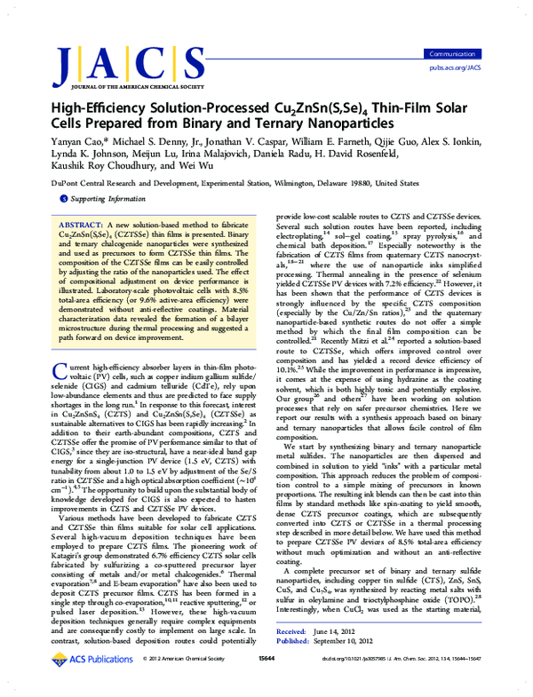 (PDF) High-Efficiency Solution-Processed Cu 2 ZnSn(S,Se) 4 Thin-Film ...
