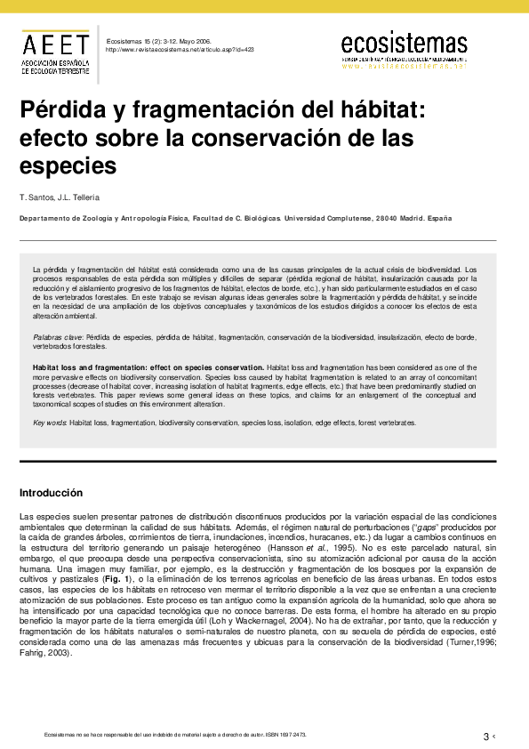 (PDF) Pérdida y fragmentación del hábitat: efecto sobre la conservación de las especies