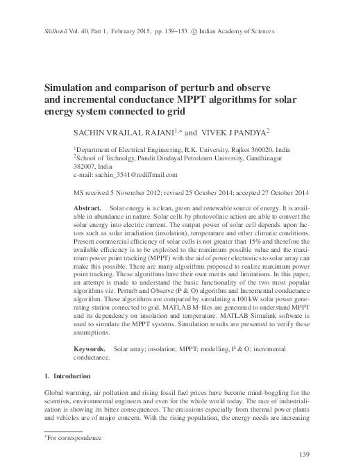 Pdf Simulation And Comparison Of Perturb And Observe And Incremental Conductance Mppt