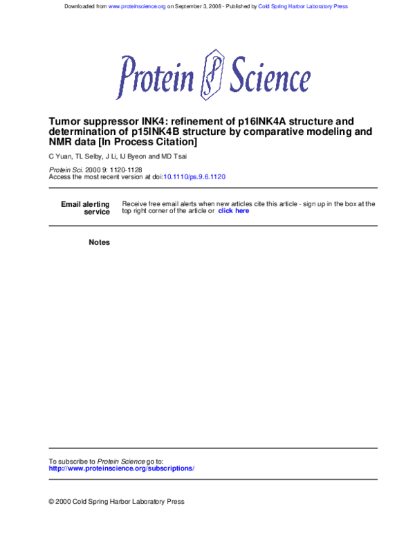 (PDF) Tumor suppressor INK4: Refinement of p16 INK4A structure and ...