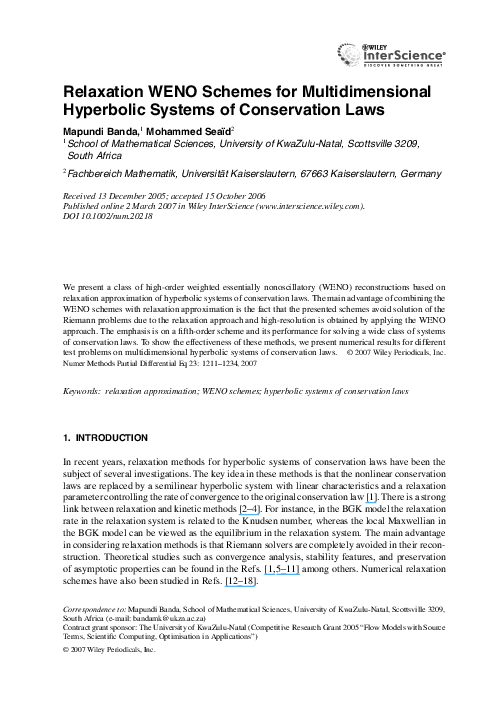 Pdf Relaxation Weno Schemes For Multidimensional Hyperbolic Systems Of Conservation Laws
