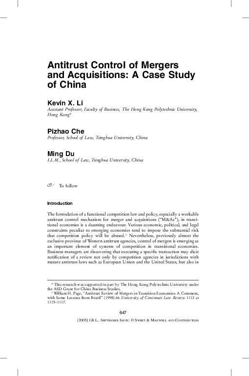 (PDF) Antitrust Control of Mergers and Acquisitions: A Case Study of China