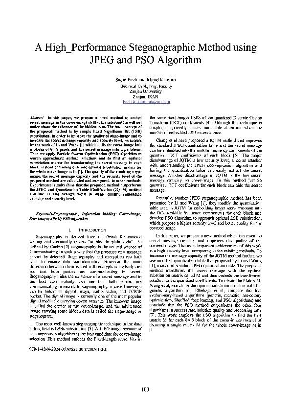 Pdf A Highperformance Steganographic Method Using Jpeg And Pso Algorithm