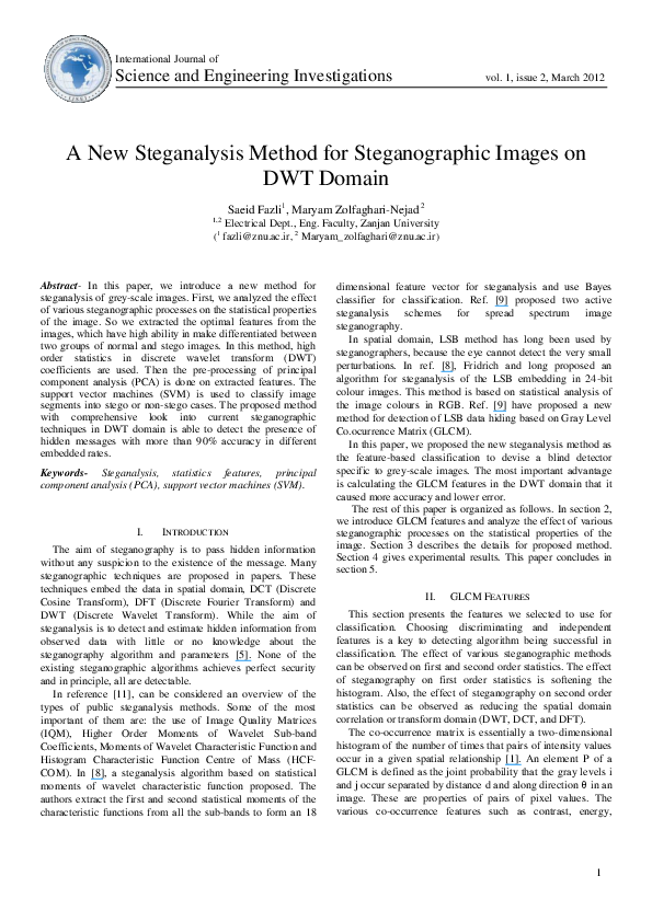 (PDF) A New Steganalysis Method for Steganographic Images on DWT Domain