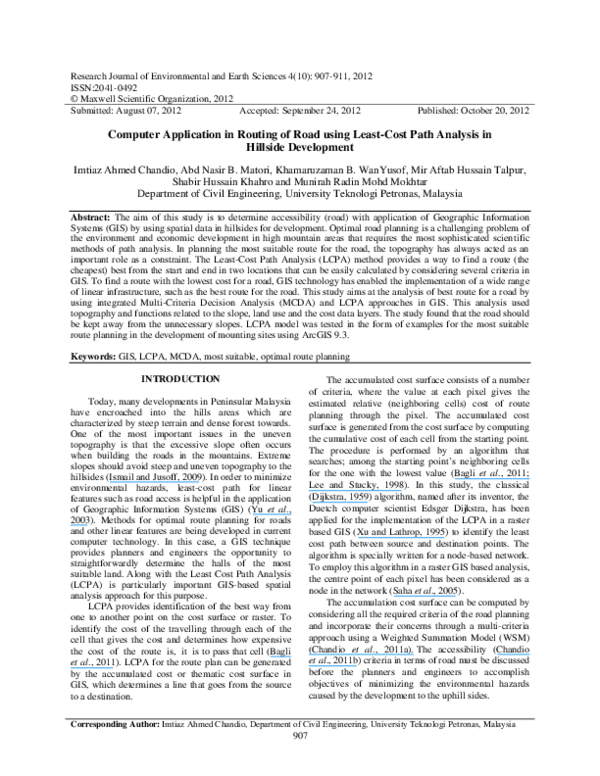 Pdf Computer Application In Routing Of Road Using Least Cost Path Analysis In Hillside Development