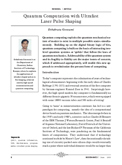 (PDF) Quantum computation with ultrafast laser pulse shaping