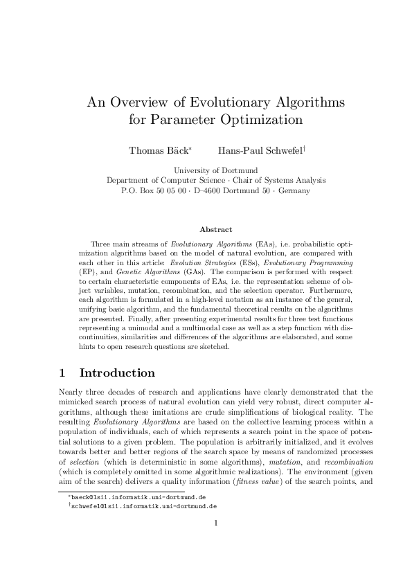 Pdf An Overview Of Evolutionary Algorithms For Parameter Optimization
