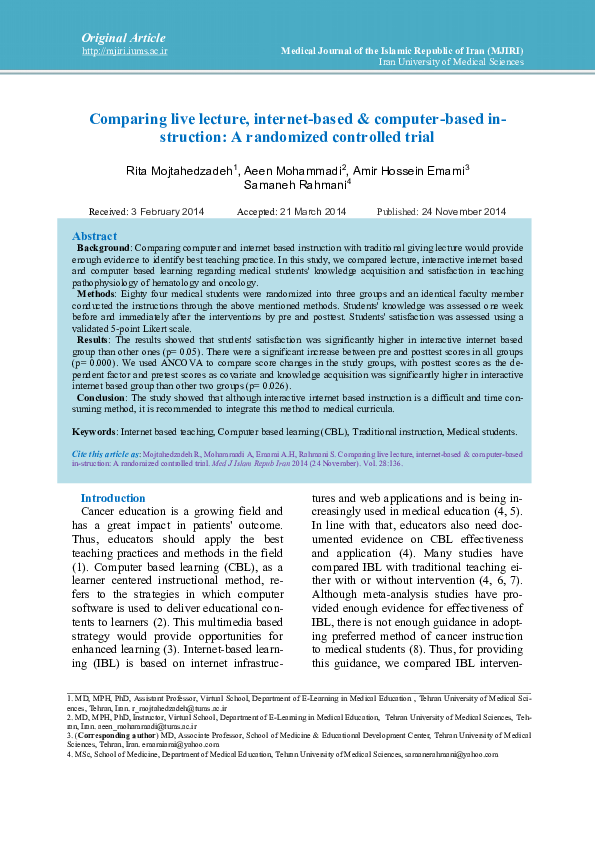 Pdf Comparing Live Lecture Internet Based And Computer Based Instruction A Randomized