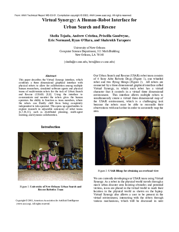 (PDF) Experience in System Design for Human-Robot Teaming in Urban Search and Rescue | F. Pirri ...