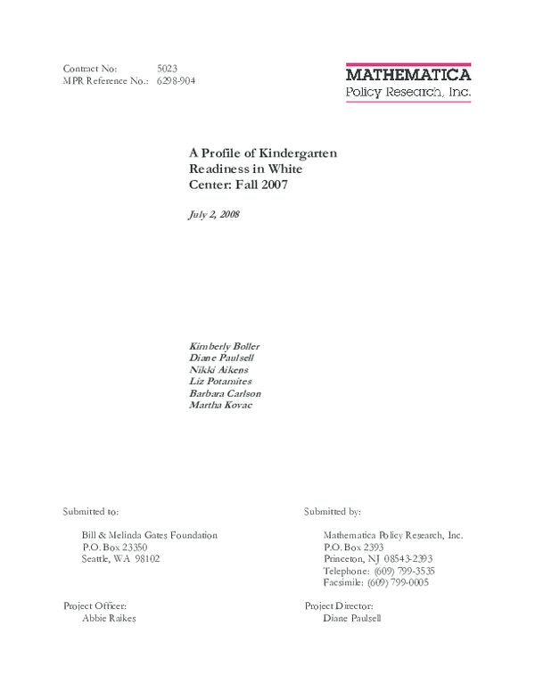 (PDF) A Profile of Kindergarten Readiness in White Center: Fall 2007 ...