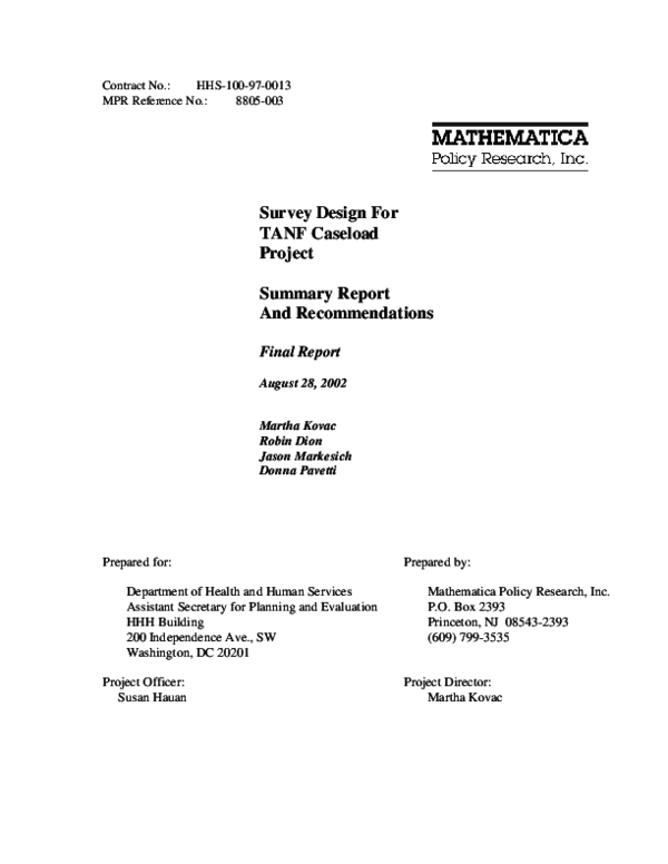 (PDF) Survey Design for TANF Caseload Project: Summary Report and ...