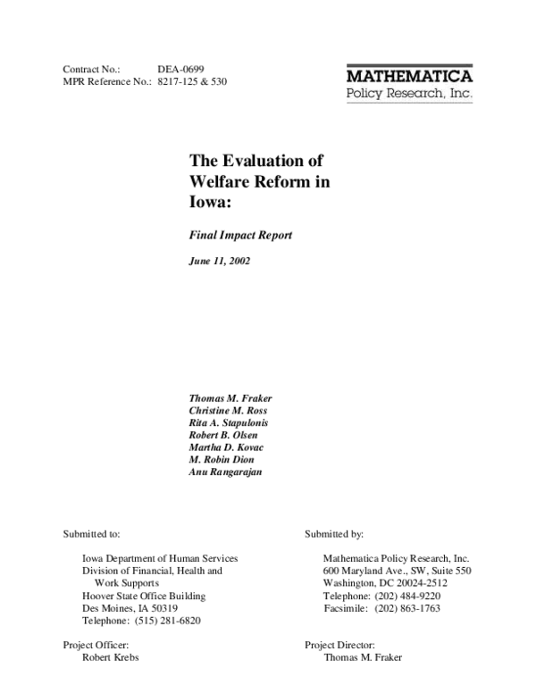 (PDF) The Evaluation of Welfare Reform in Iowa. Final Impact Report. Washington, DC: Mathematica ...