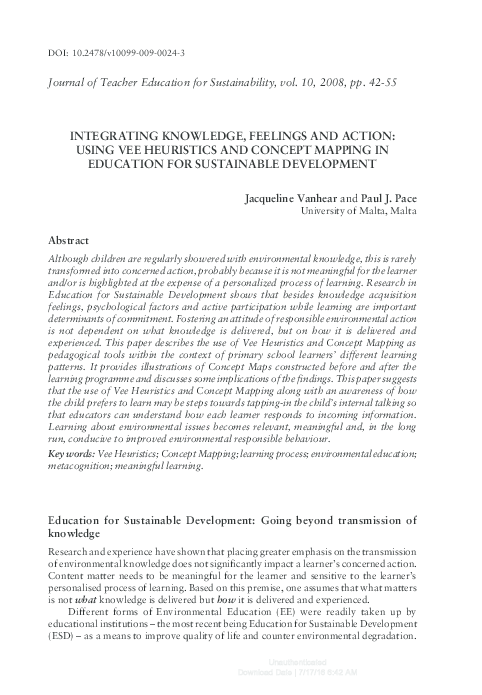 (PDF) Integrating Knowledge, Feelings and Action: Using Vee Heuristics and Concept Mapping in ...