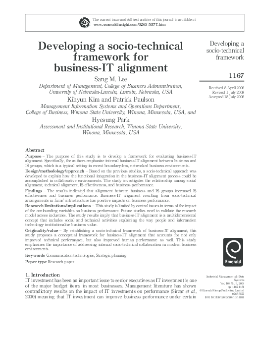 Pdf Developing A Socio Technical Framework For Business It Alignment
