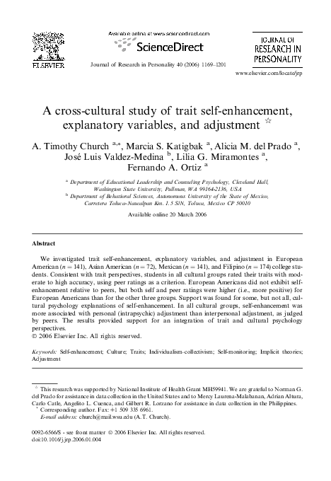 (PDF) A cross-cultural study of trait self-enhancement, explanatory ...