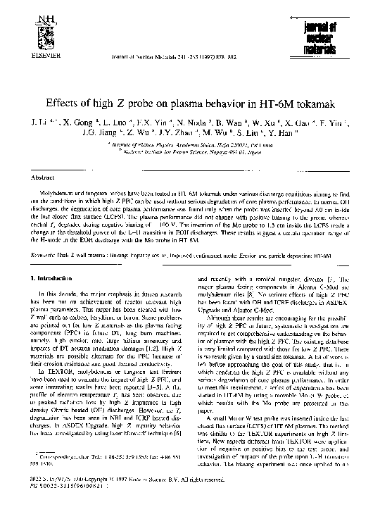 (PDF) Effects of high Z probe on plasma behavior in HT-6M tokamak