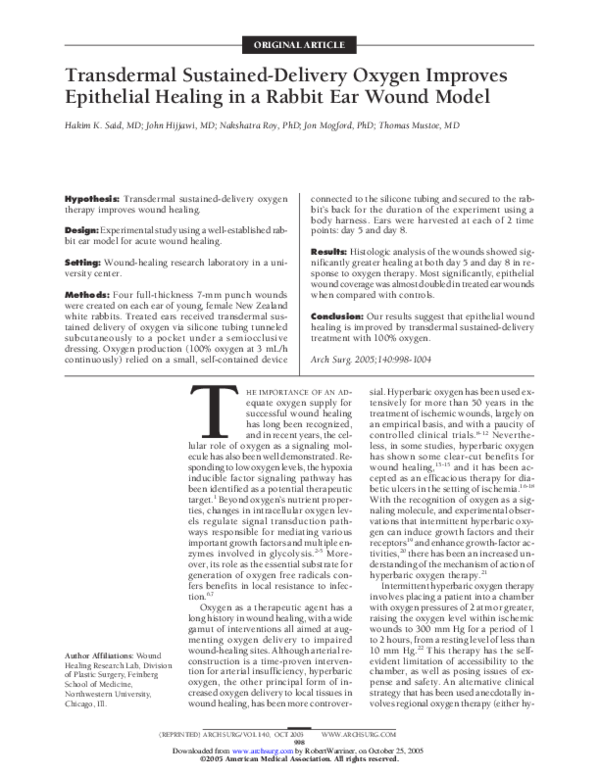 (PDF) Transdermal Sustained-Delivery Oxygen Improves Epithelial Healing ...