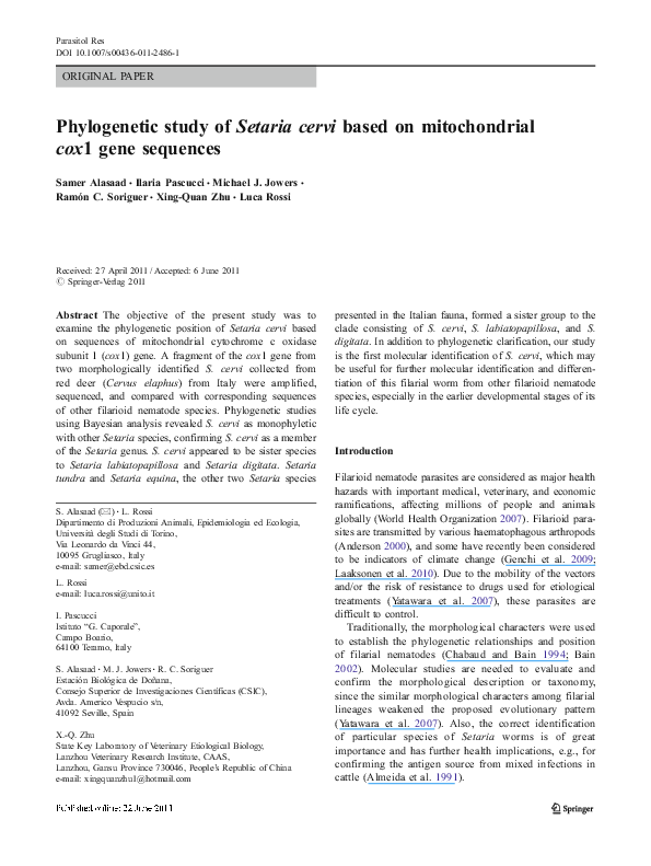 (PDF) Phylogenetic study of Setaria cervi based on mitochondrial cox1 ...