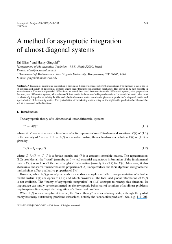 (PDF) A method for asymptotic integration of almost diagonal systems