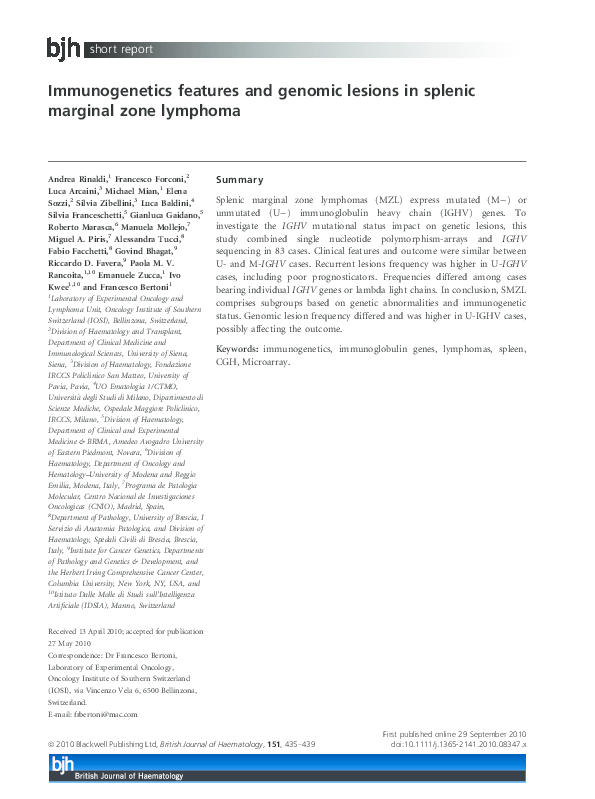(PDF) Immunogenetics features and genomic lesions in splenic marginal ...