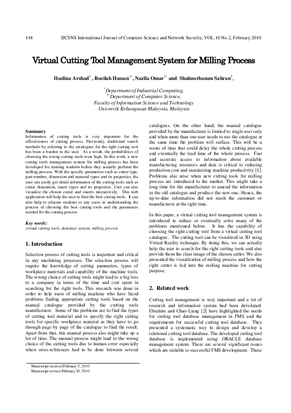(PDF) Virtual Cutting Tool Management System for Milling Process