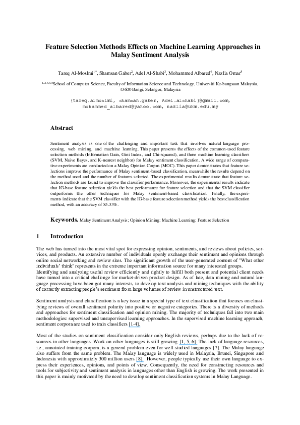 (PDF) Feature Selection Methods Effects on Machine Learning Approaches in Malay Sentiment Analysis