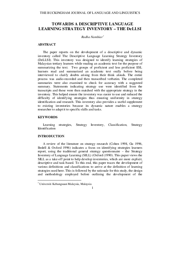 (PDF) Towards A Descriptive Language Learning Strategy Inventory–The Dellsi