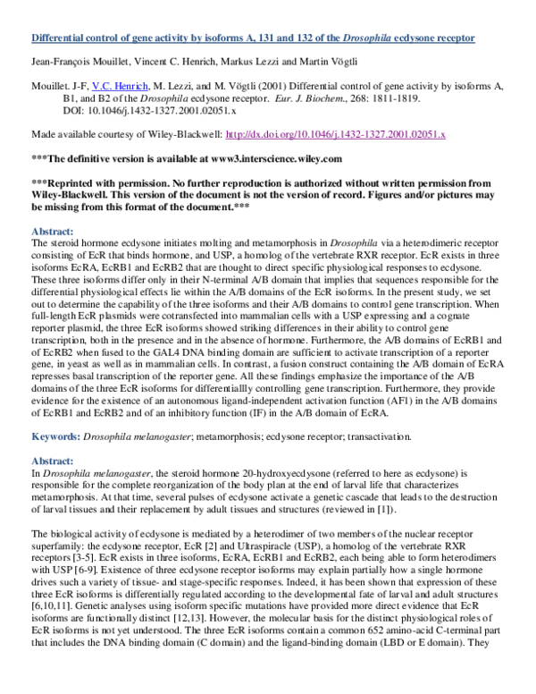 (PDF) Ecdysone Receptor Isoforms and Gene Control