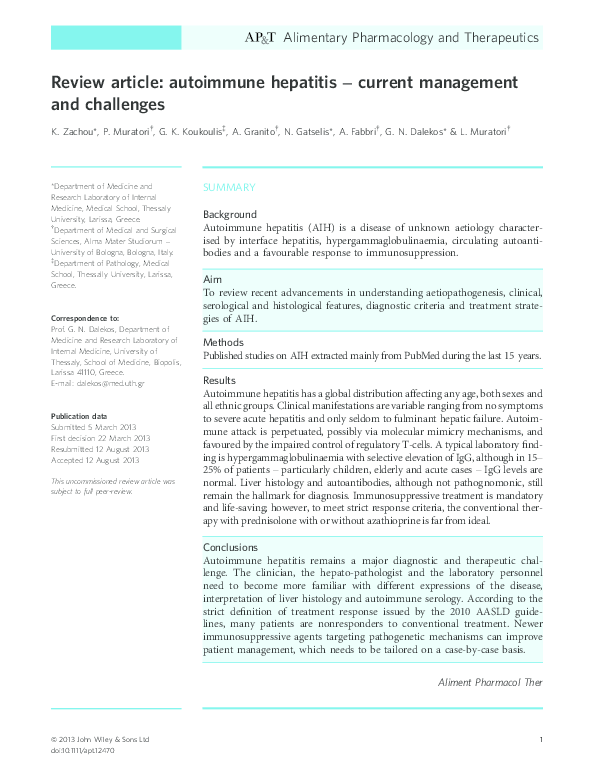 (PDF) Review article: autoimmune hepatitis - current management and ...