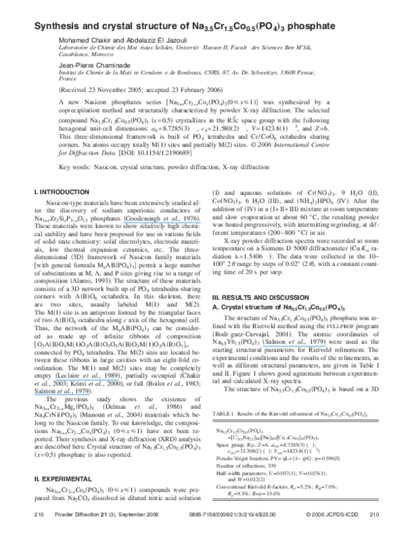 (PDF) Synthesis and crystal structure of Na3.5Cr1.5Co0.5(PO4)3 phosphate