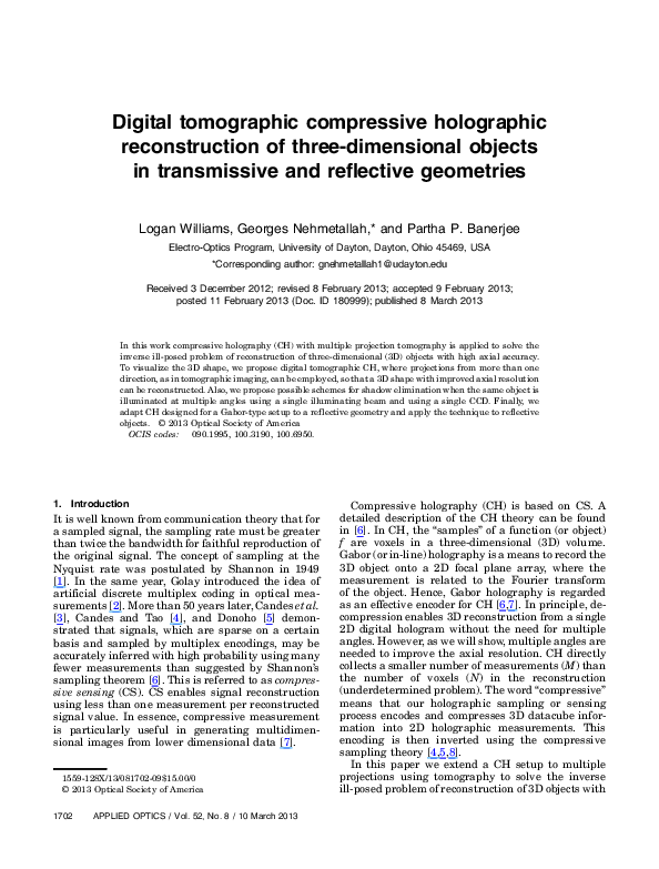 (PDF) Digital tomographic compressive holographic reconstruction of three-dimensional objects in ...