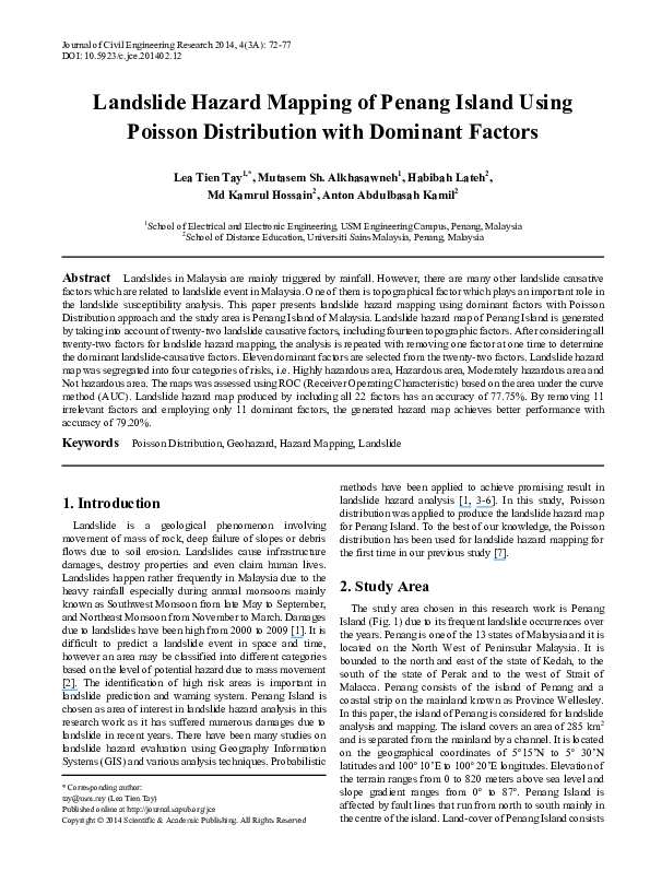 (PDF) Landslide hazard mapping of Penang island using probabilistic methods and logistic regression