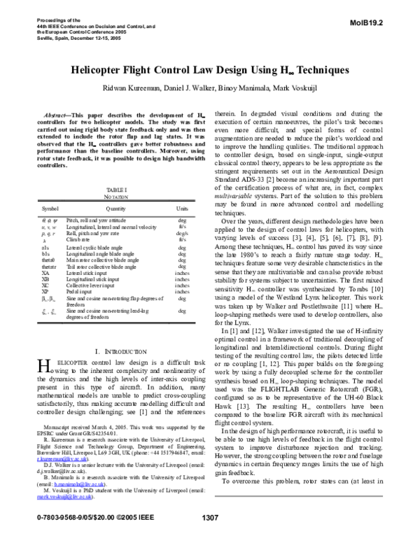 (PDF) Helicopter Flight Control Law Design Using H>inf /inf