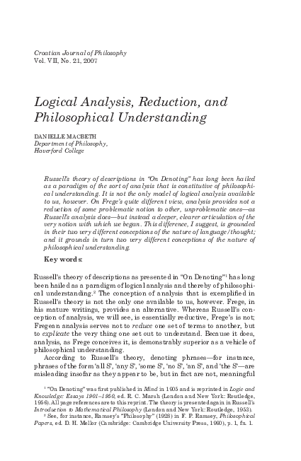 (PDF) Logical Analysis, Reduction, and Philosophical Understanding