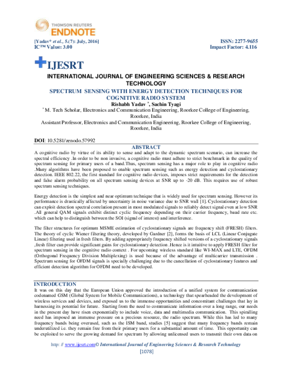 Pdf Spectrum Sensing With Energy Detection Techniques For Cognitive