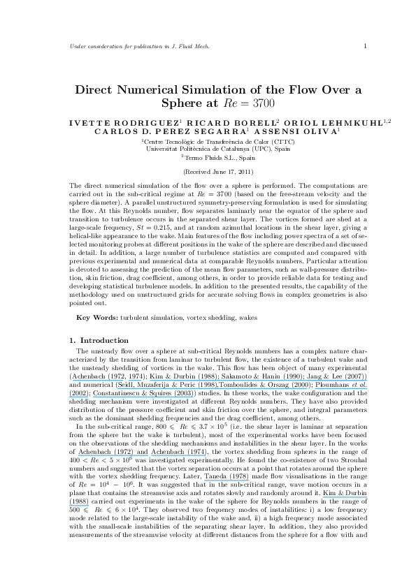 (PDF) Direct numerical simulation of the flow over a sphere at Re = 3700 – CORRIGENDUM