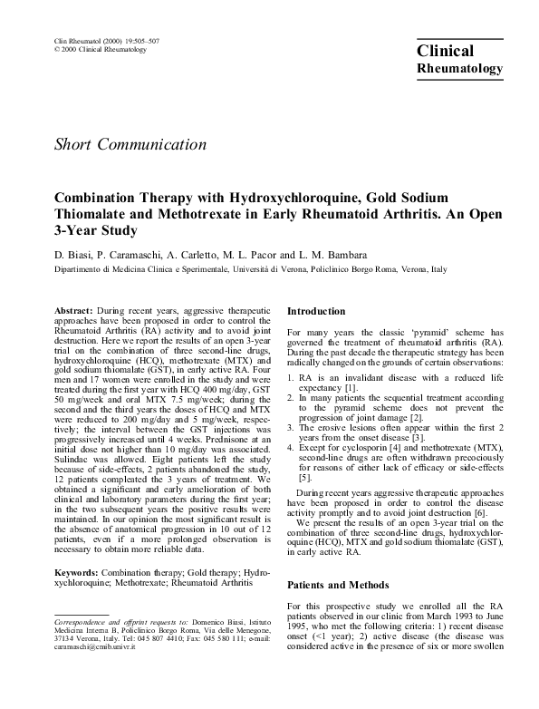 (PDF) Combination Therapy with Hydroxychloroquine, Gold Sodium ...