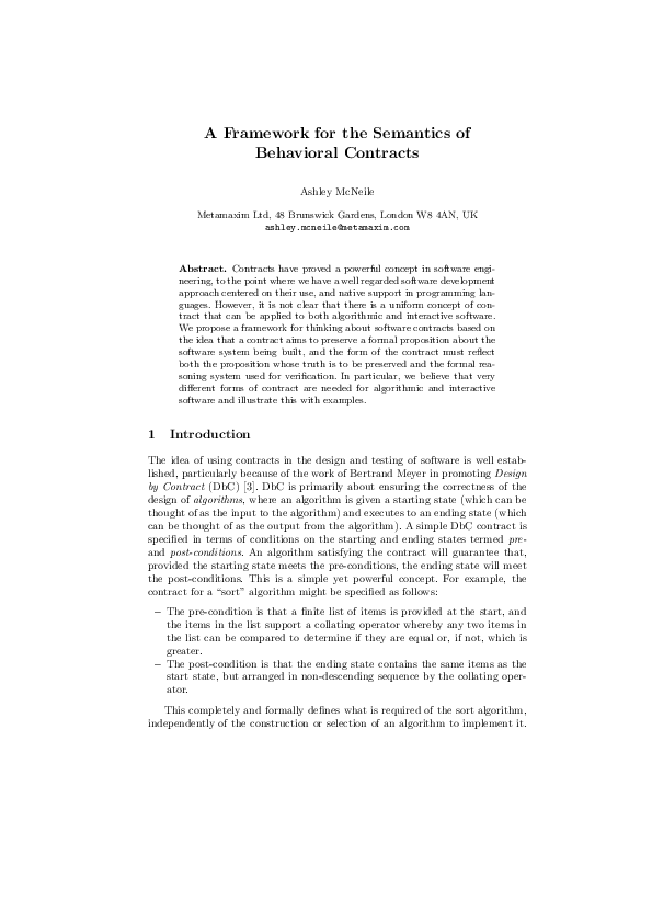 Pdf A Framework For The Semantics Of Behavioral Contracts