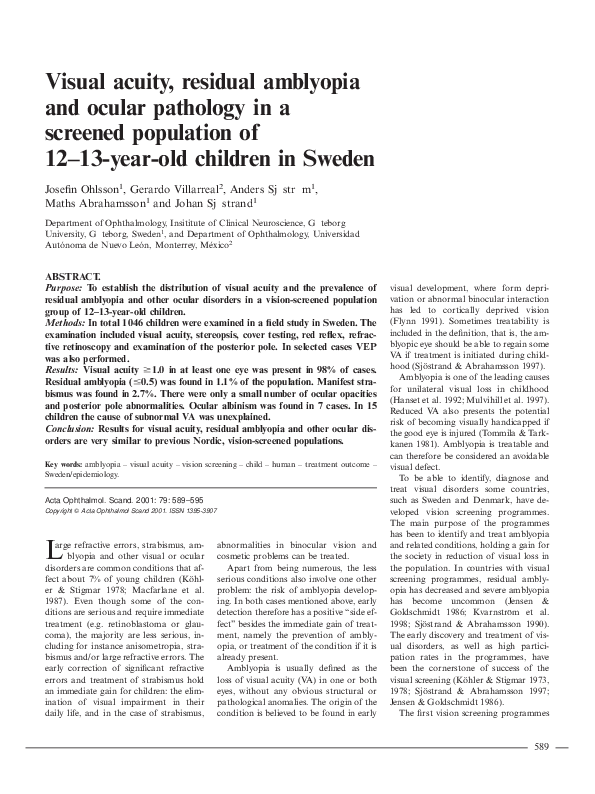 (PDF) Visual acuity, residual amblyopia and ocular pathology in a screened population of 12-13 ...